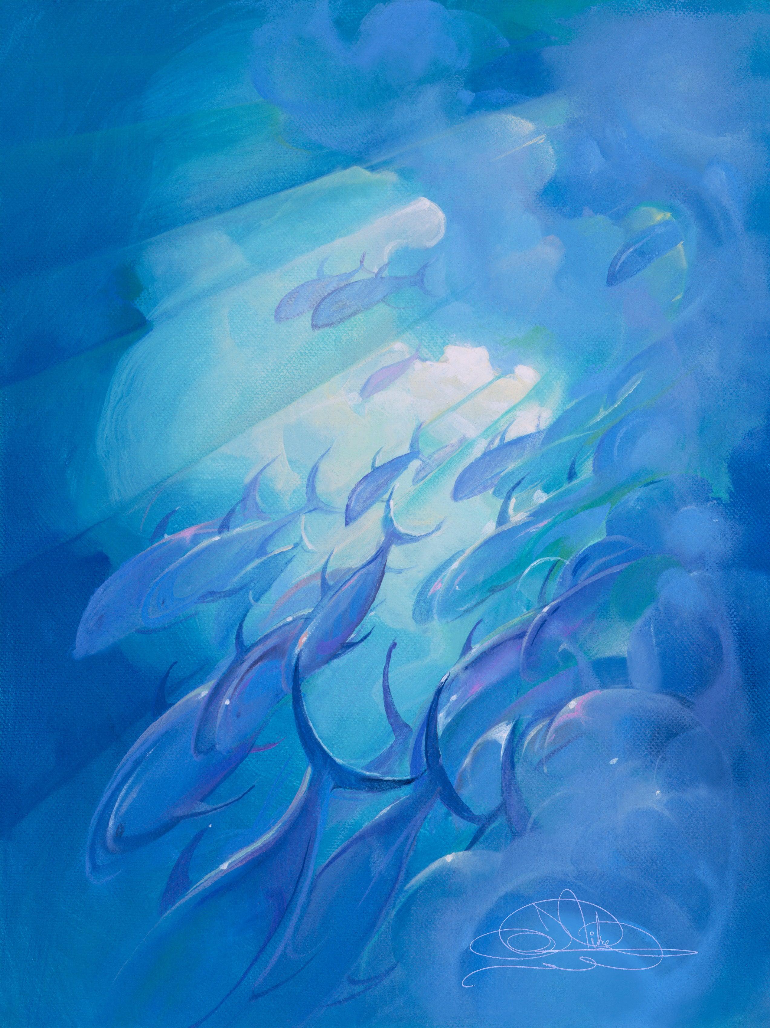 Blue Rush - Hawaiian School of Ulua Fish Diving Deep - Pitre Art – John ...